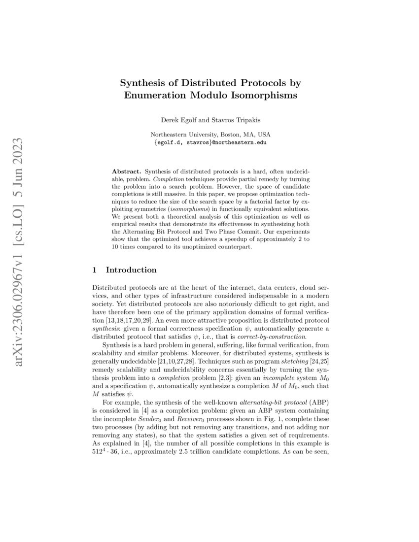 Synthesis Of Distributed Protocols By Enumeration Modulo Isomorphisms Deepai 