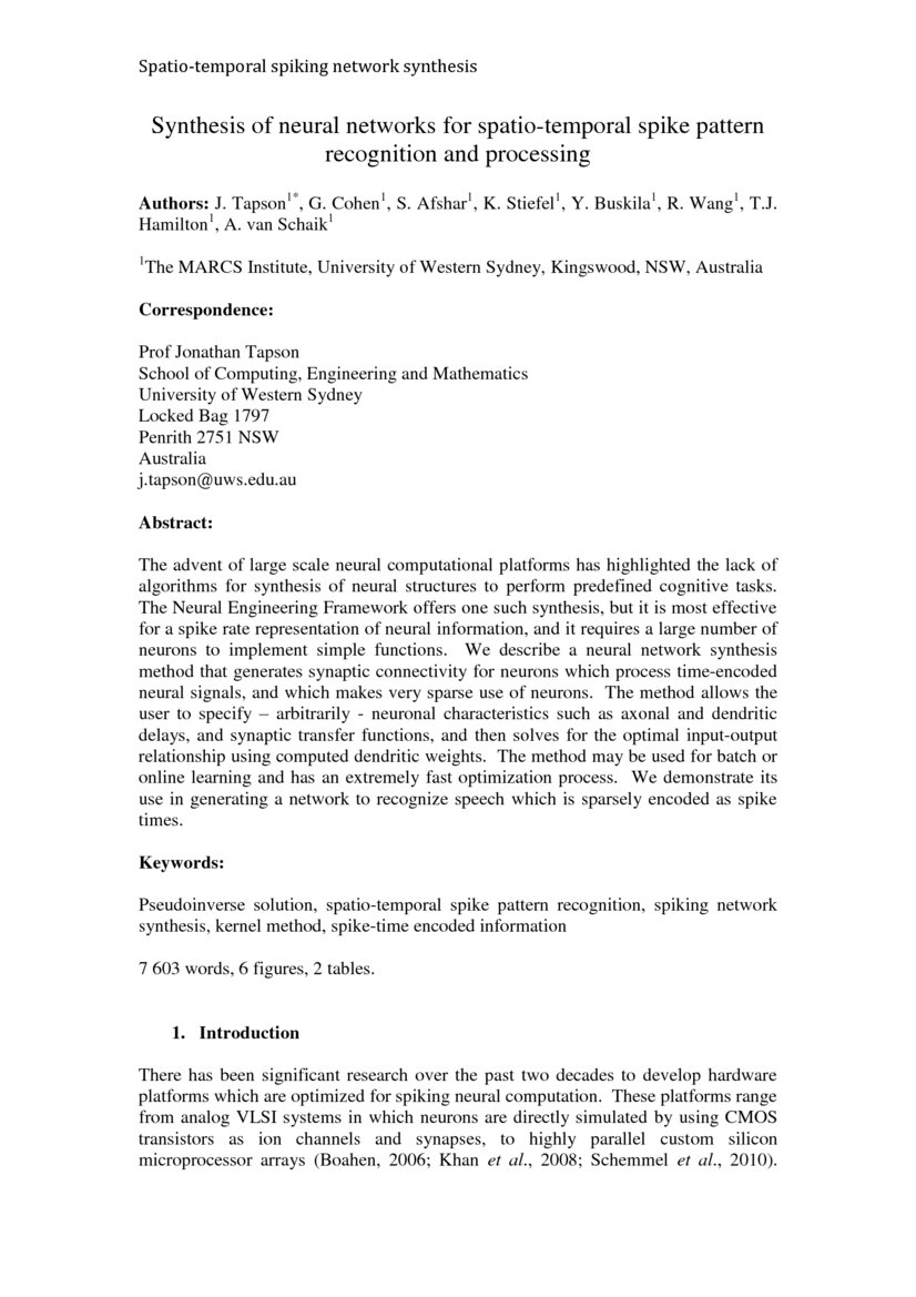 Synthesis Of Neural Networks For Spatio Temporal Spike Pattern Recognition And Processing Deepai