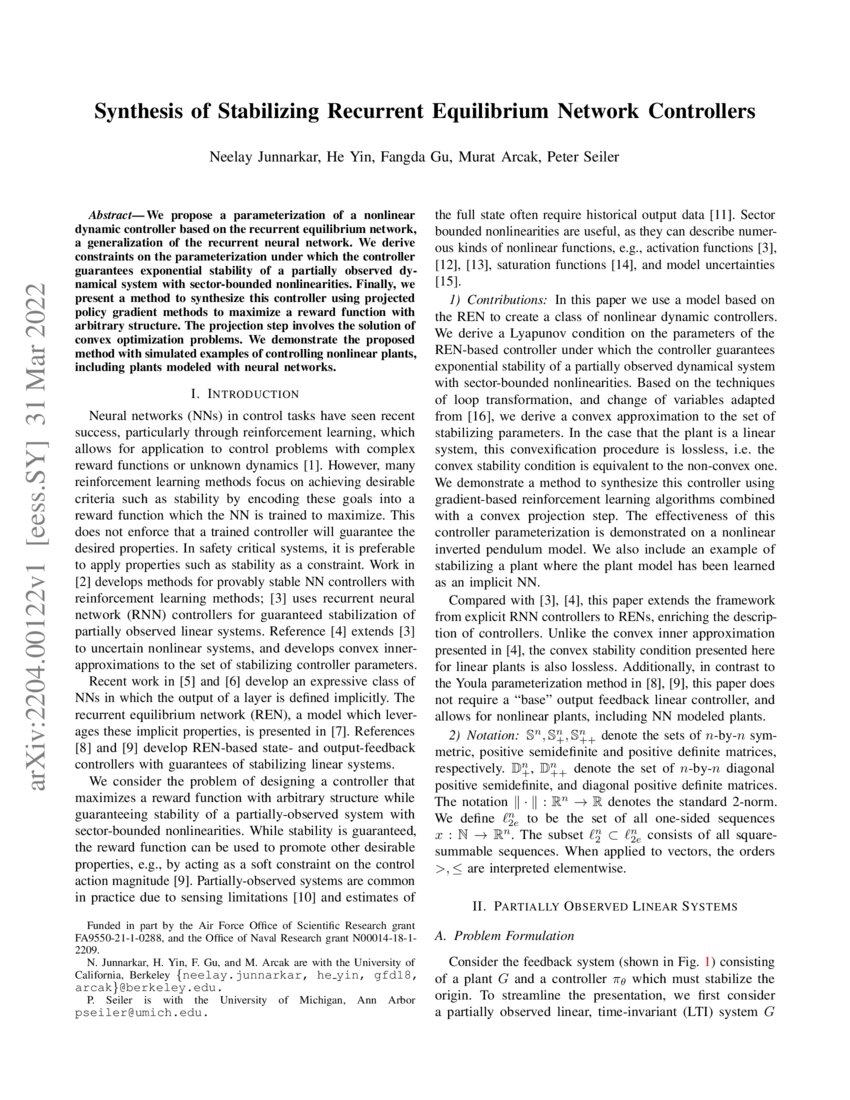 Synthesis of Stabilizing Recurrent Equilibrium Network Controllers | DeepAI