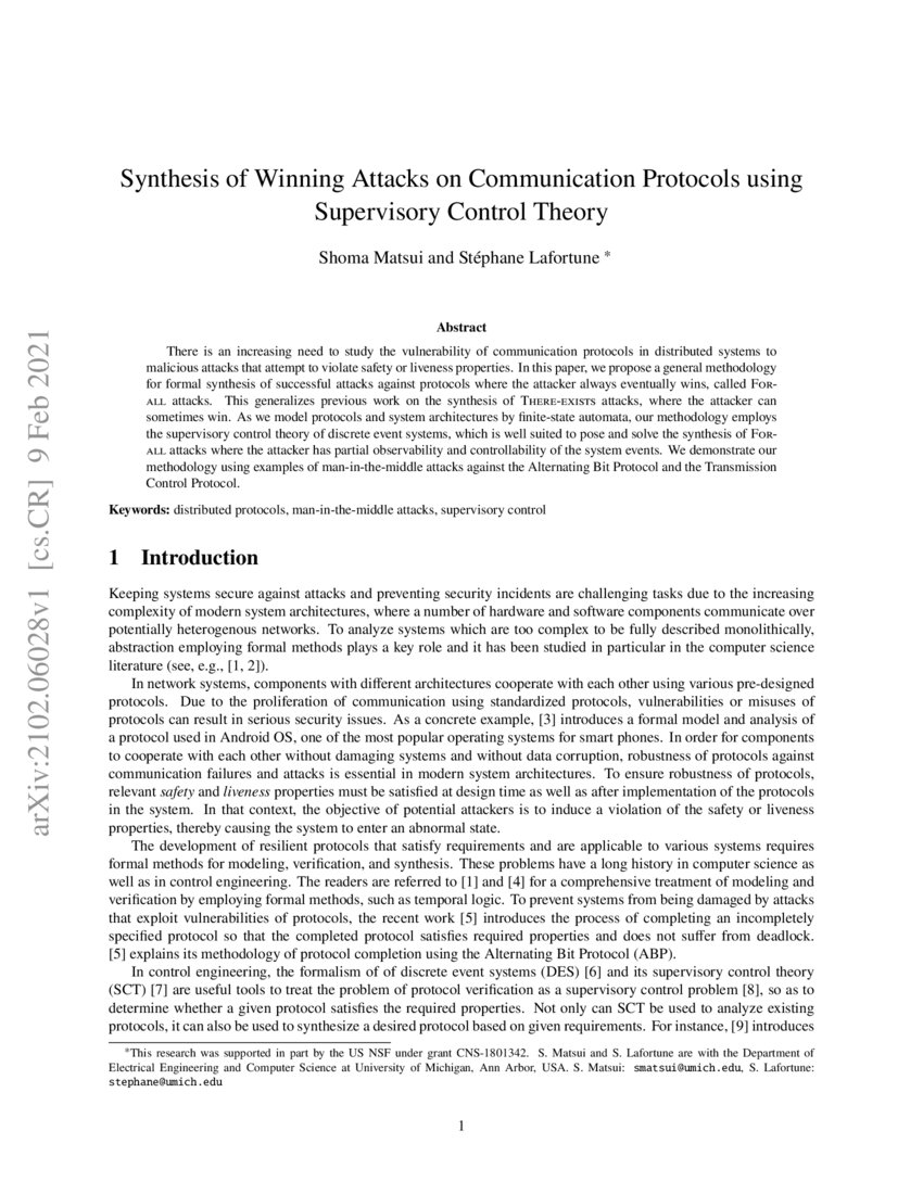 Synthesis Of Winning Attacks On Communication Protocols Using Supervisory Control Theory Deepai