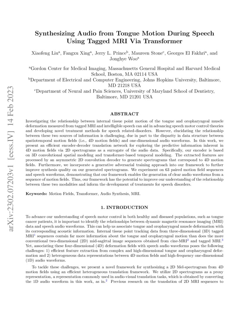 Synthesizing audio from tongue motion during speech using tagged MRI via transformer | DeepAI