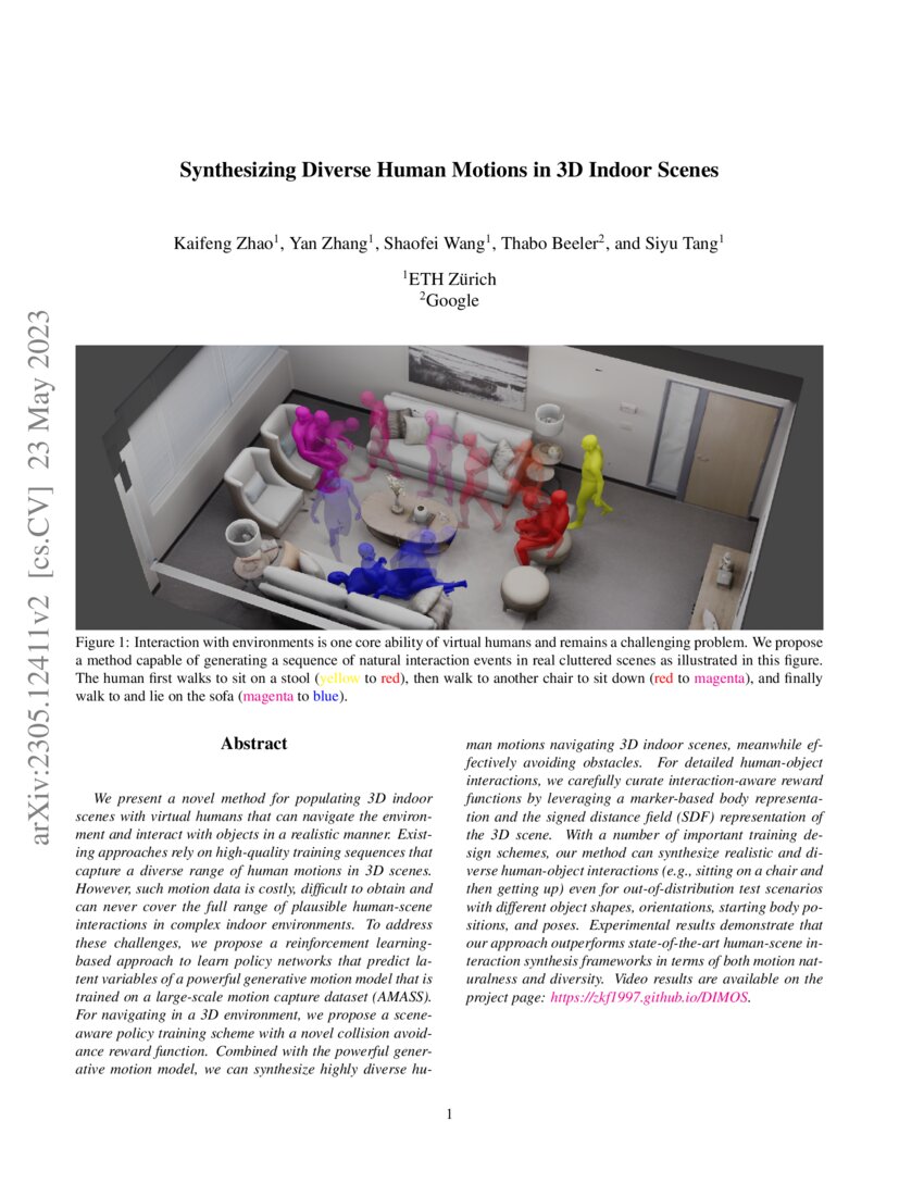 Synthesizing Diverse Human Motions in 3D Indoor Scenes | DeepAI Synthesizing Diverse Human Motions in 3D Indoor Scenes | DeepAI