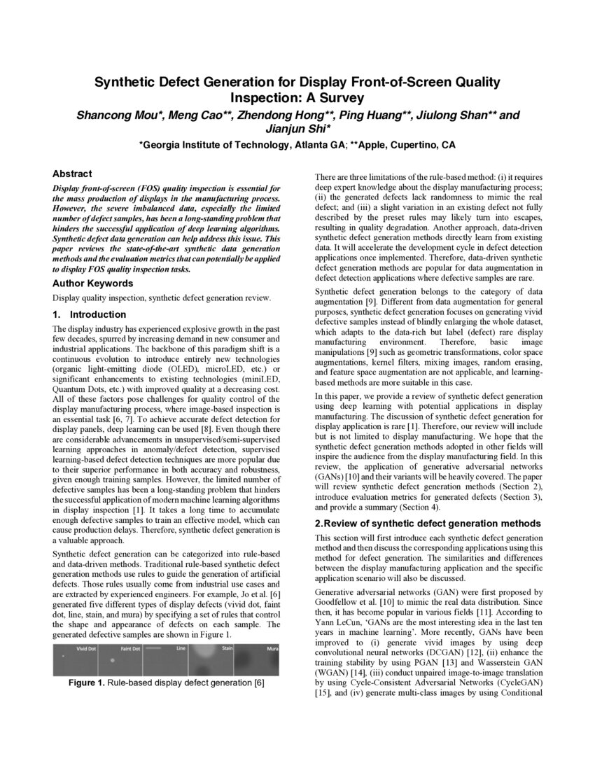 Synthetic Defect Generation for Display Front-of-Screen Quality Inspection: A Survey | DeepAI