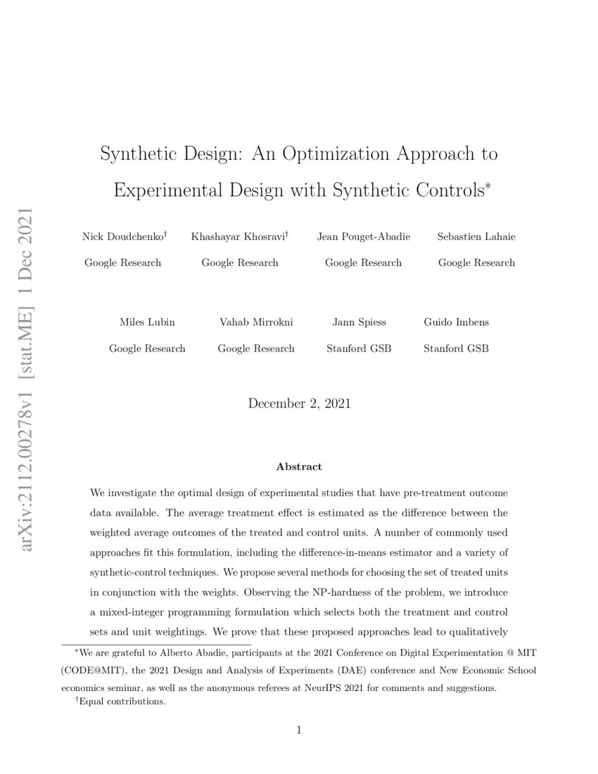 Synthetic Design: An Optimization Approach to Experimental Design with ...