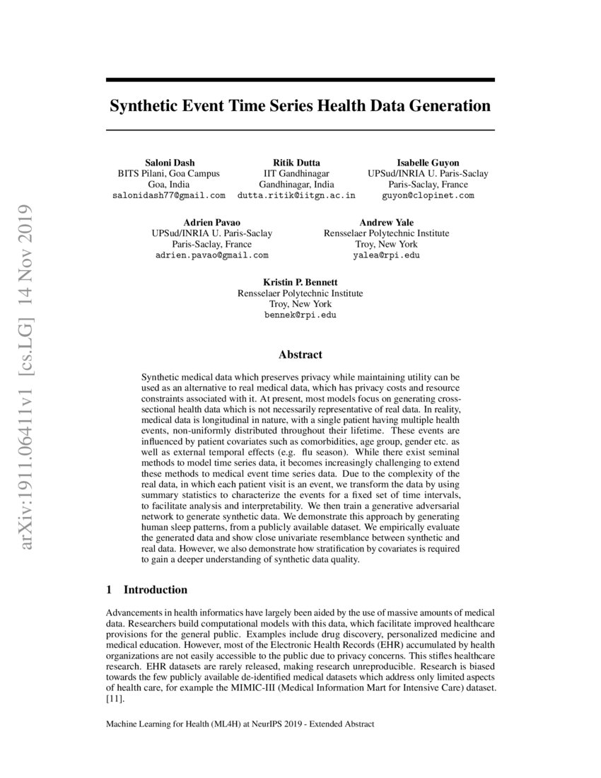 Synthetic Event Time Series Health Data Generation | DeepAI
