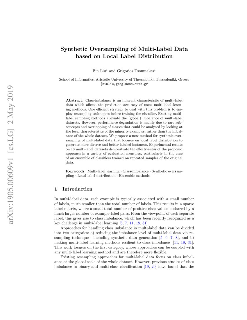 Synthetic Oversampling of Multi-Label Data based on Local Label Distribution | DeepAI