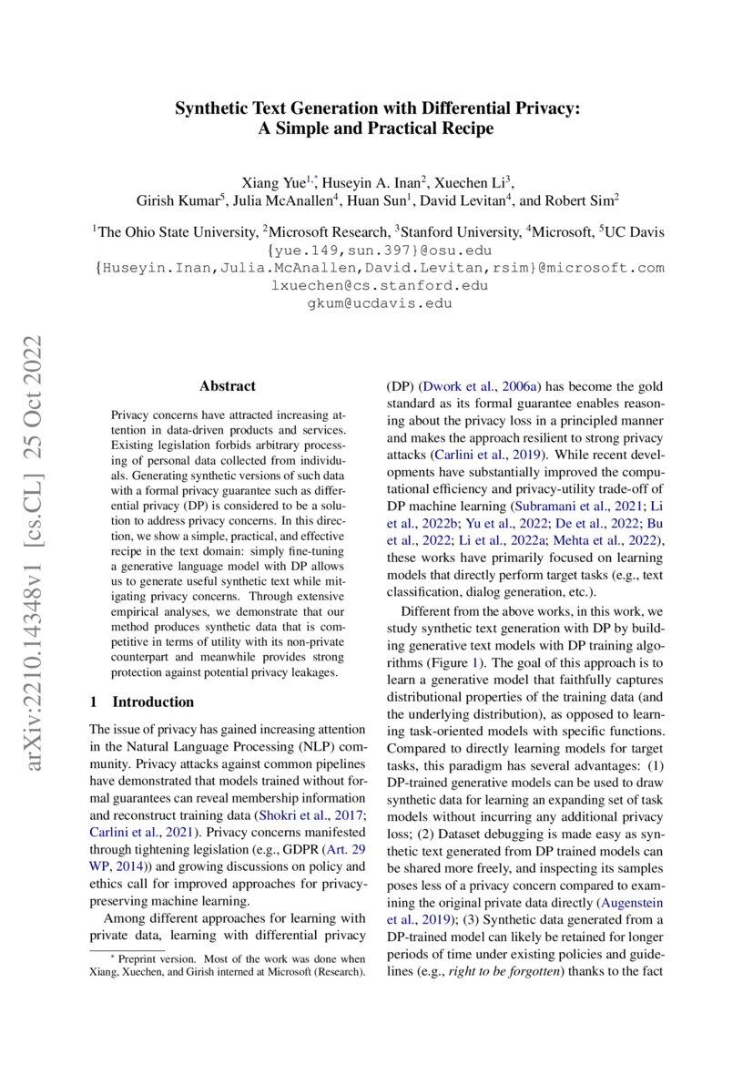 Synthetic Text Generation with Differential Privacy: A Simple and Practical Recipe | DeepAI