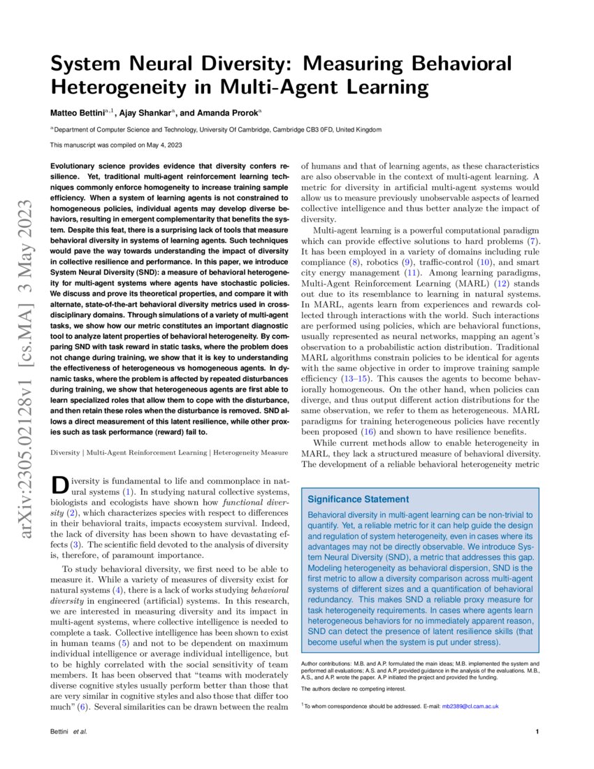 System Neural Diversity: Measuring Behavioral Heterogeneity in Multi-Agent Learning | DeepAI
