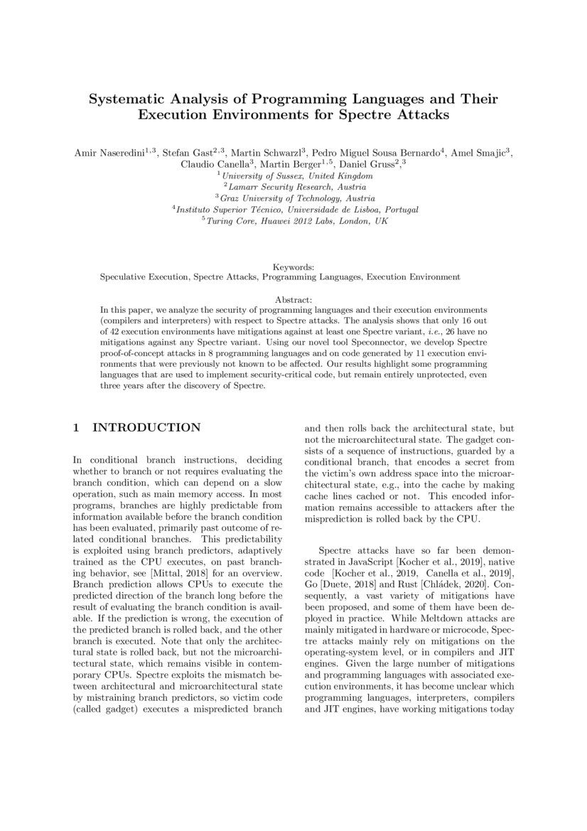 Systematic Analysis of Programming Languages and Their Execution Environments for Spectre ...