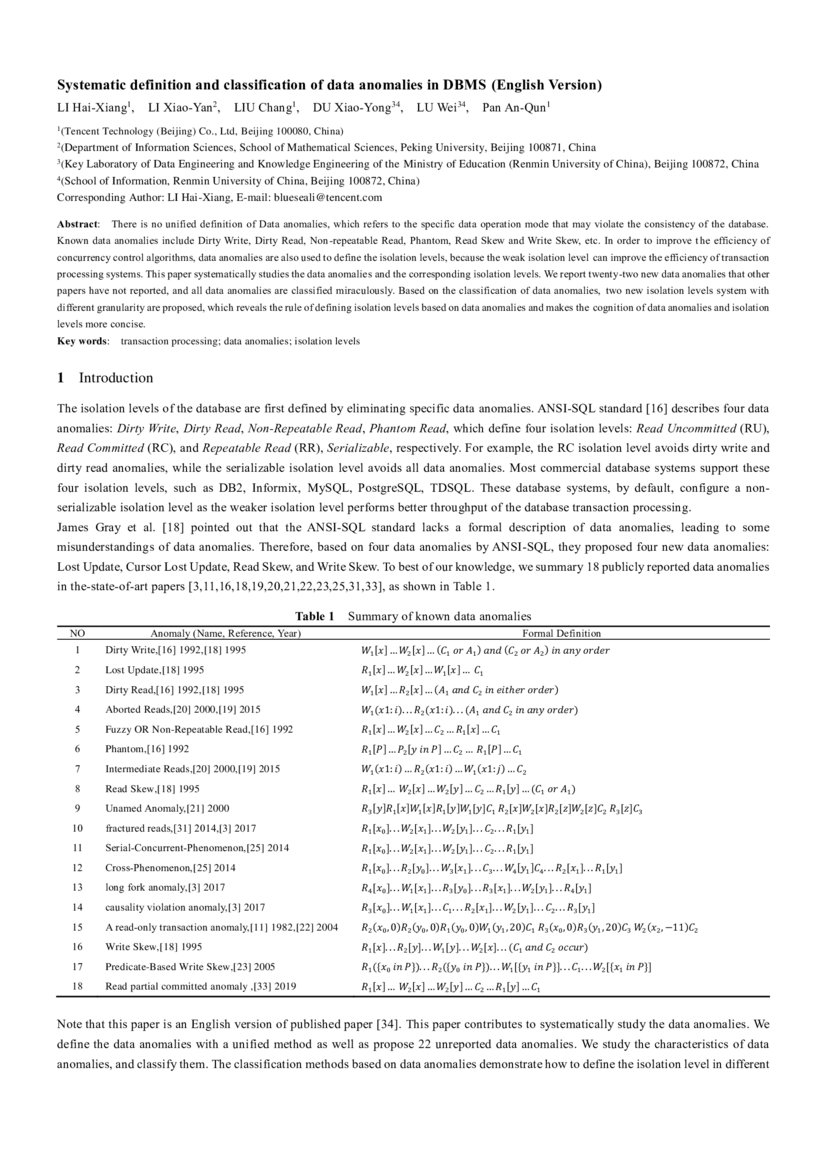 Systematic definition and classification of data anomalies in DBMS (English Version) | DeepAI