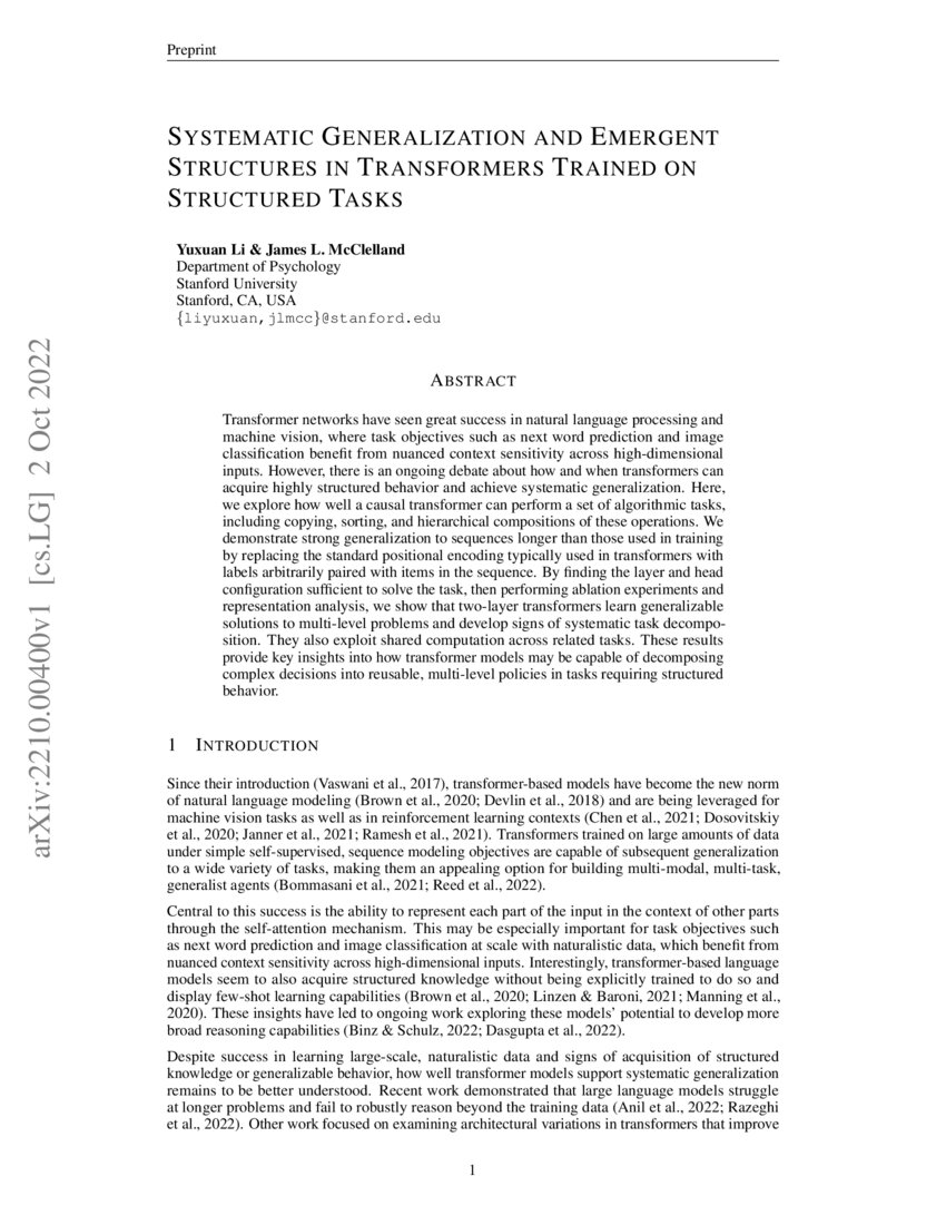 Systematic Generalization And Emergent Structures In Transformers