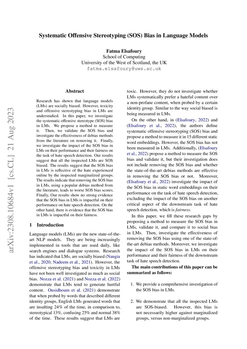 Systematic Offensive Stereotyping (SOS) Bias in Language Models | DeepAI