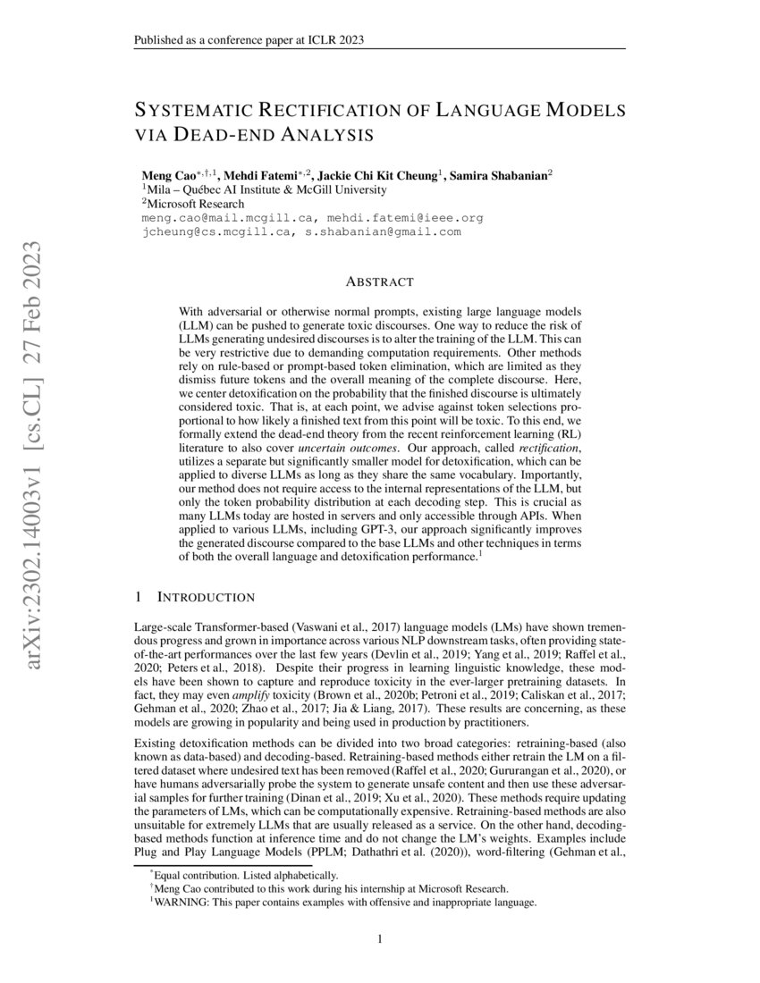 Systematic Rectification of Language Models via Dead-end Analysis | DeepAI