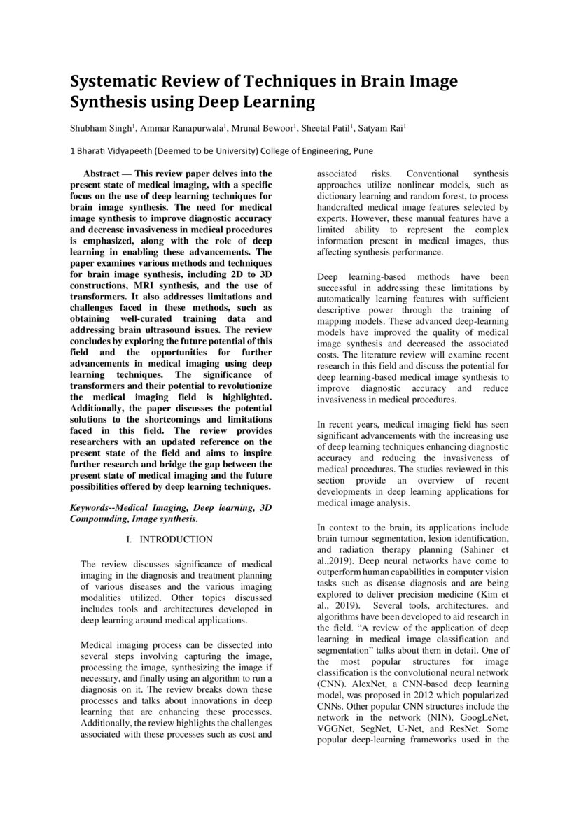 Systematic Review Of Techniques In Brain Image Synthesis Using Deep