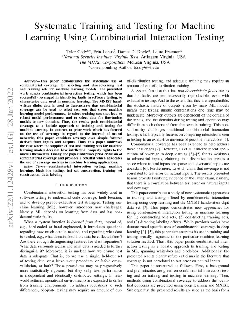 Systematic Training And Testing For Machine Learning Using Combinatorial Interaction Testing