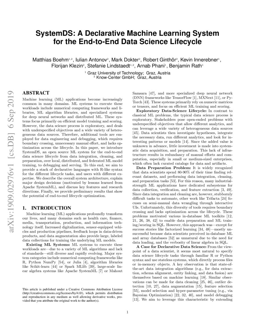 Systemds A Declarative Machine Learning System For The End To End Data Science Lifecycle Deepai