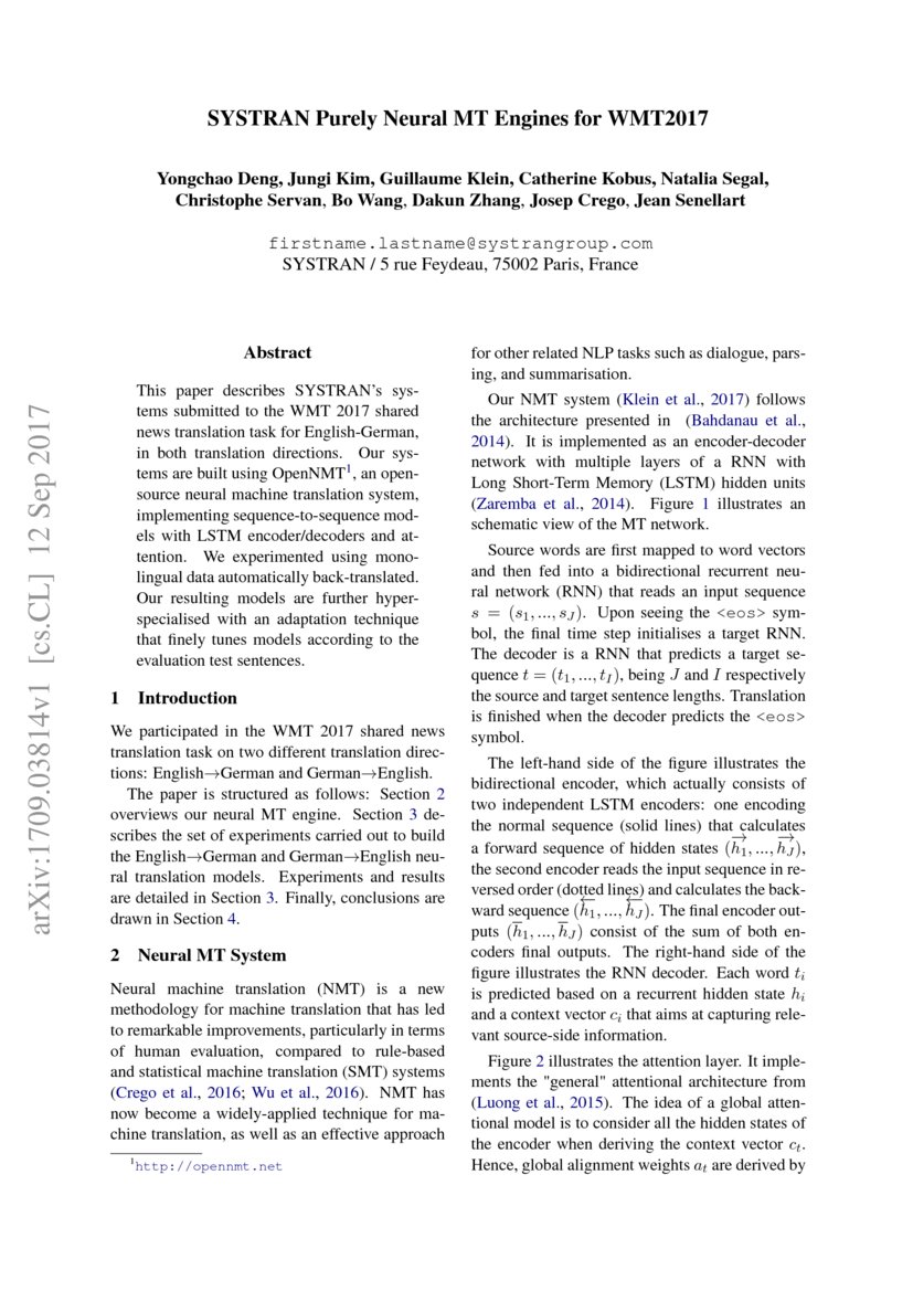 Systran Purely Neural Mt Engines For Wmt2017 Deepai