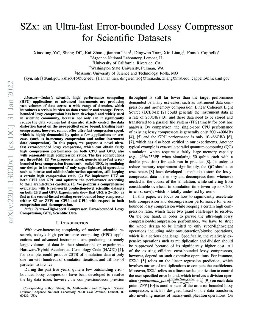 SZx: an Ultra-fast Error-bounded Lossy Compressor for Scientific Datasets | DeepAI