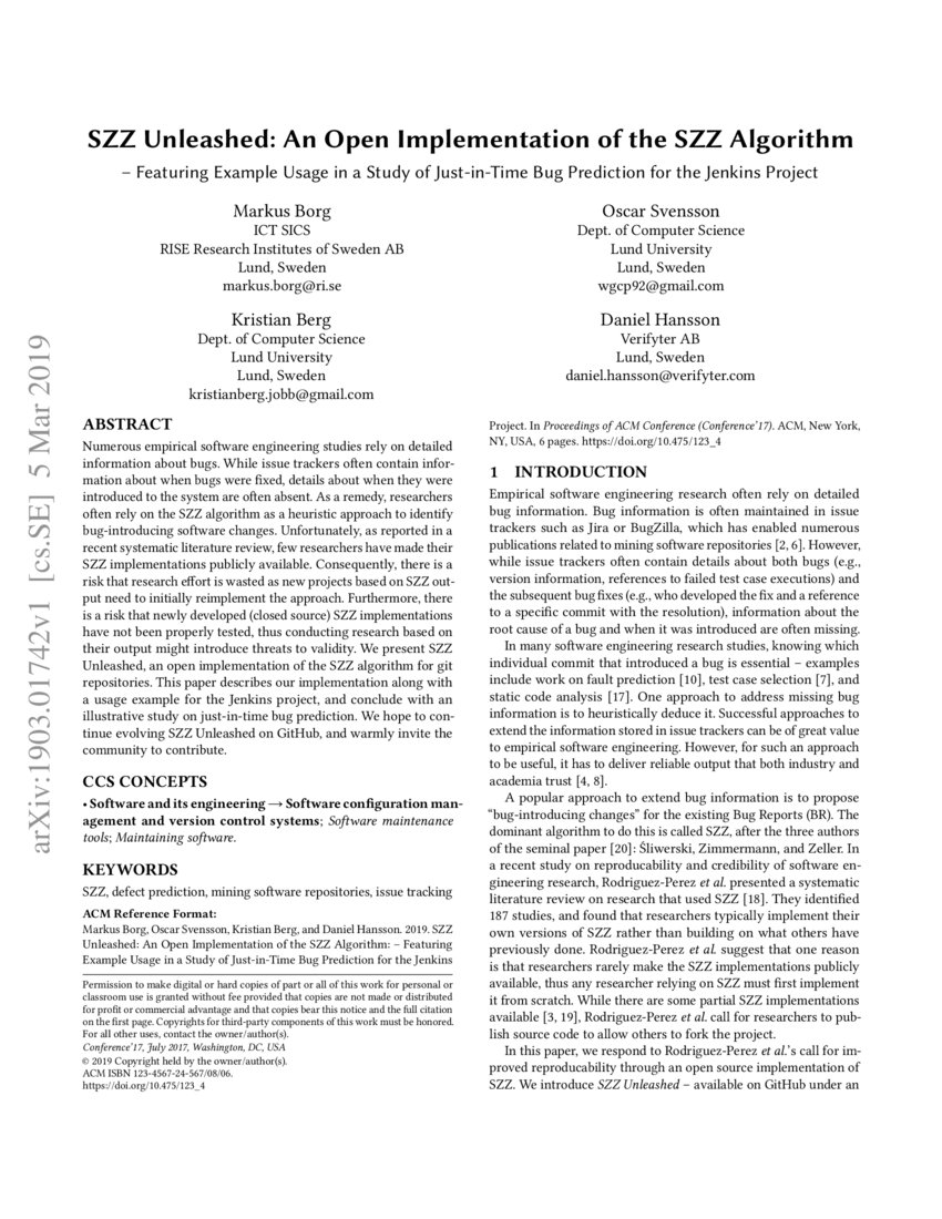 SZZ Unleashed: An Open Implementation of the SZZ Algorithm - Featuring ...