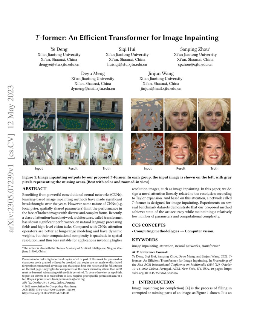 T-former: An Efficient Transformer for Image Inpainting | DeepAI