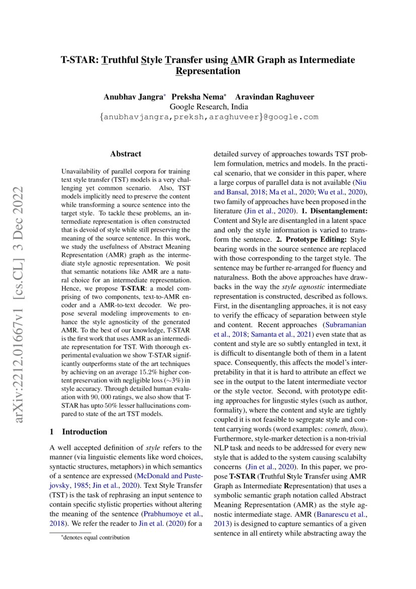 T-STAR: Truthful Style Transfer using AMR Graph as Intermediate Representation | DeepAI