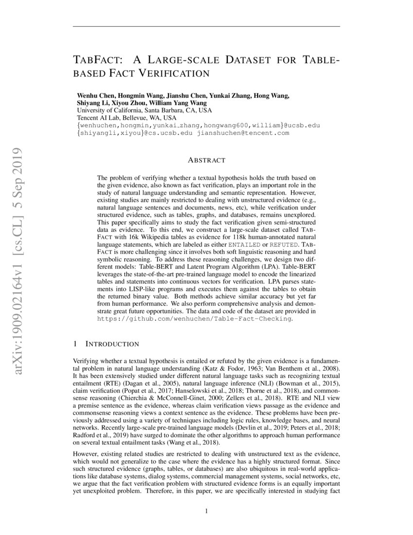 TabFact: A Large-scale Dataset for Table-based Fact Verification | DeepAI