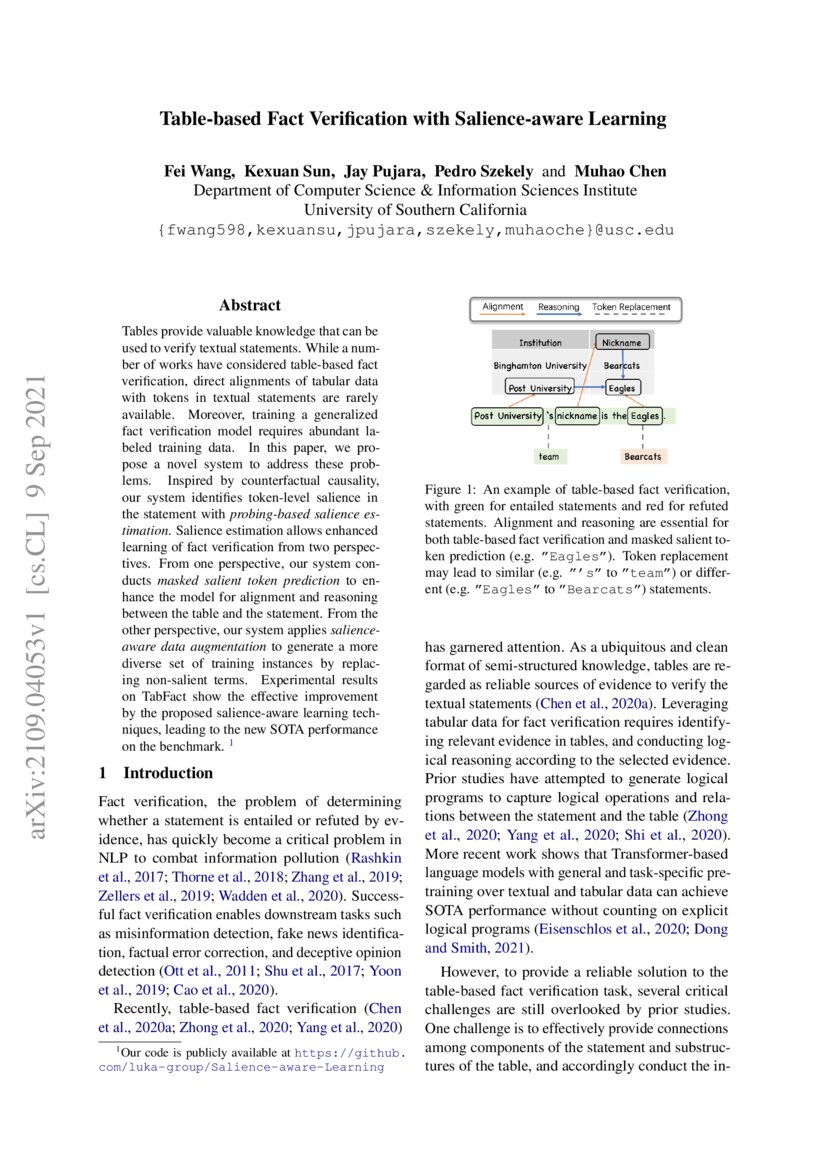 Table-based Fact Verification with Salience-aware Learning | DeepAI