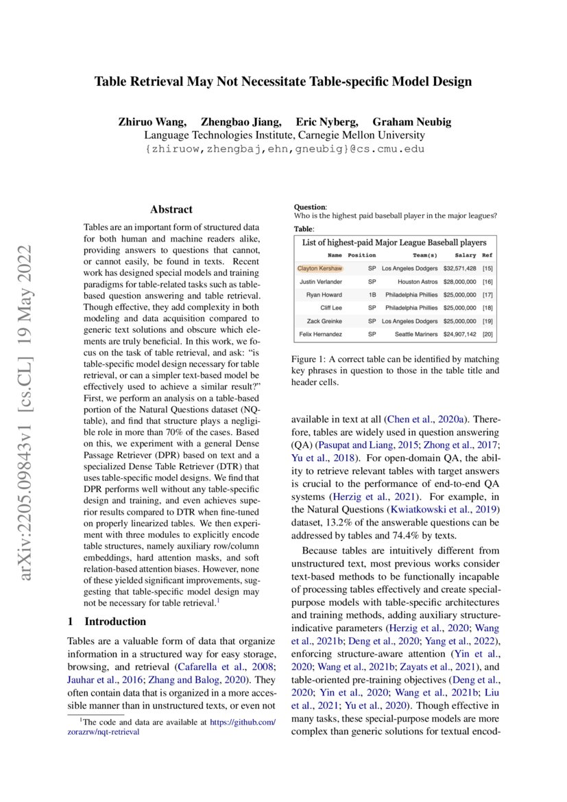 Table Retrieval May Not Necessitate Table-specific Model Design | DeepAI