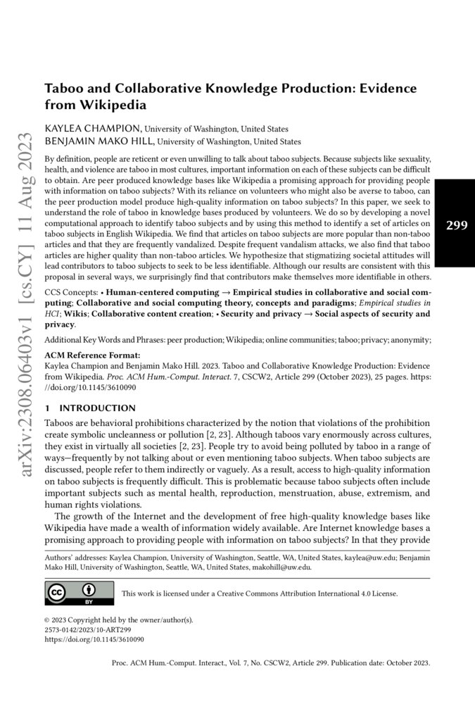 Taboo and Collaborative Knowledge Production: Evidence from Wikipedia | DeepAI