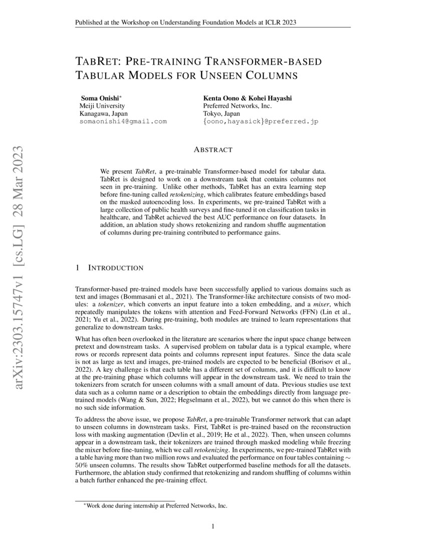 TabRet: Pre-training Transformer-based Tabular Models for Unseen Columns | DeepAI