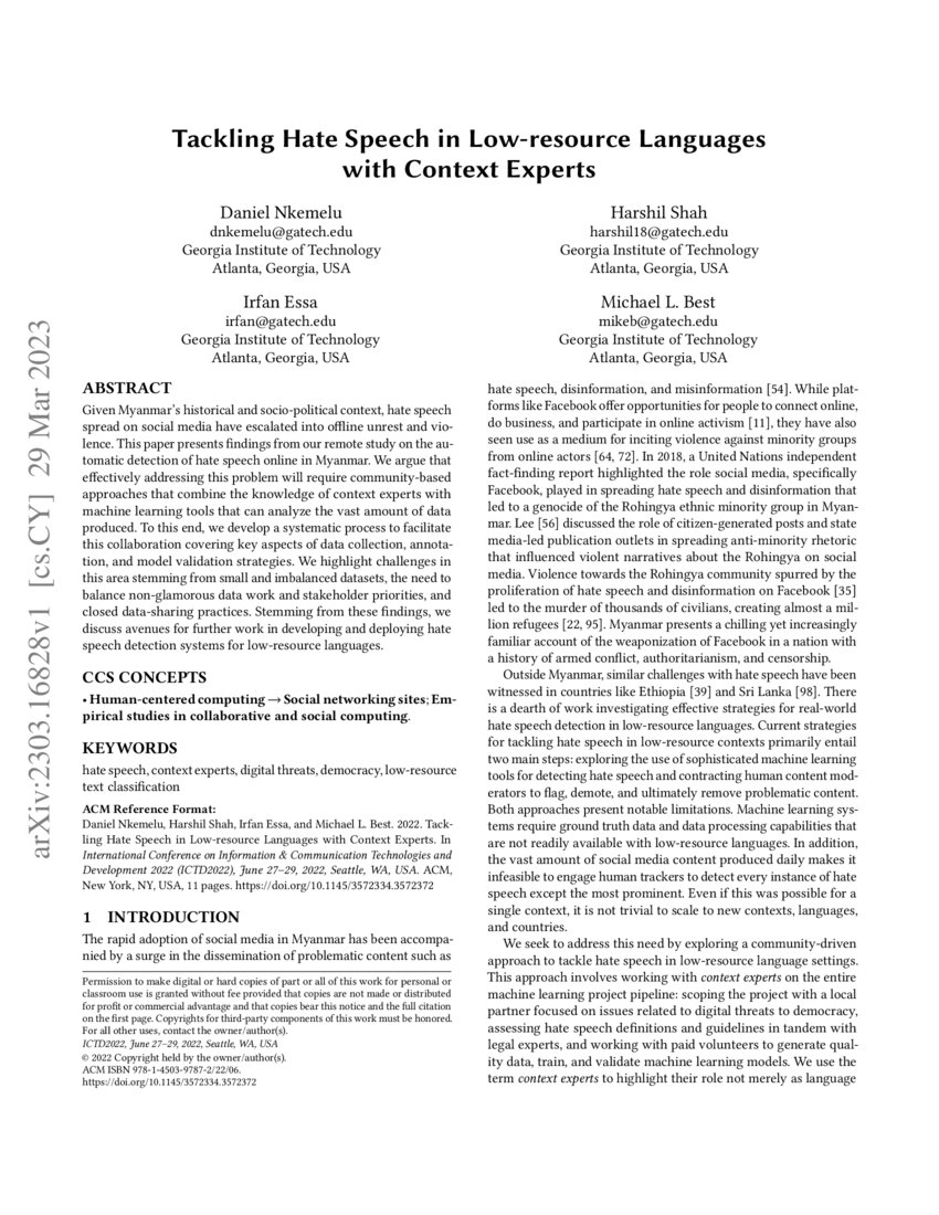 Tackling Hate Speech in Low-resource Languages with Context Experts | DeepAI