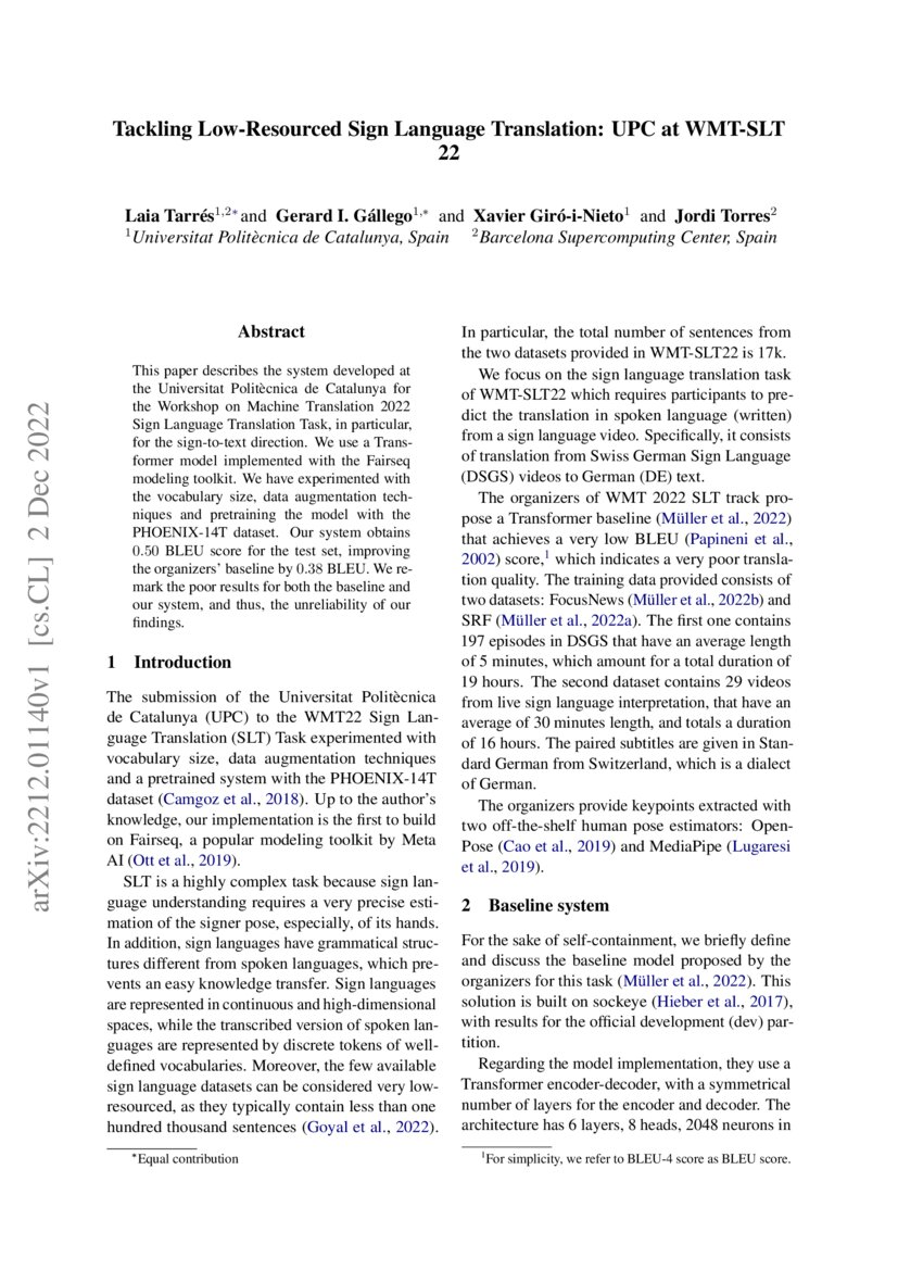 Tackling Low-Resourced Sign Language Translation: UPC at WMT-SLT 22 ...