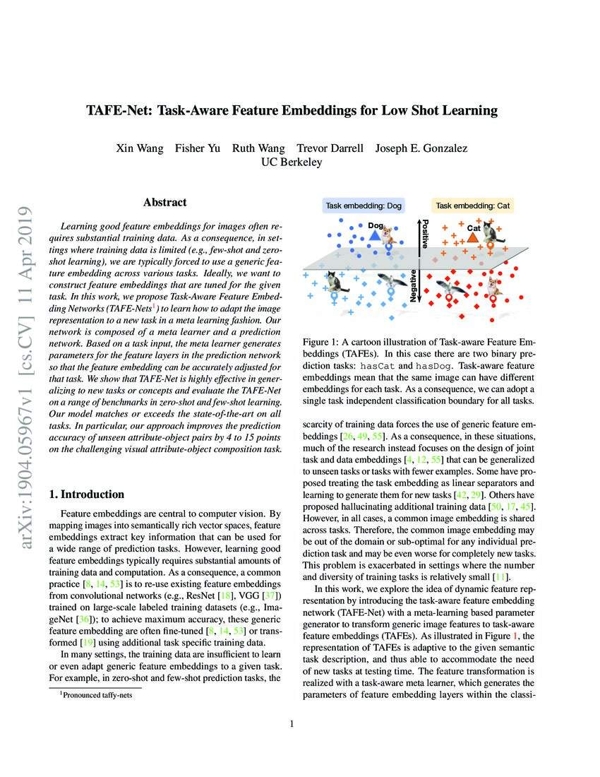 Tafe Net Task Aware Feature Embeddings For Low Shot Learning Deepai