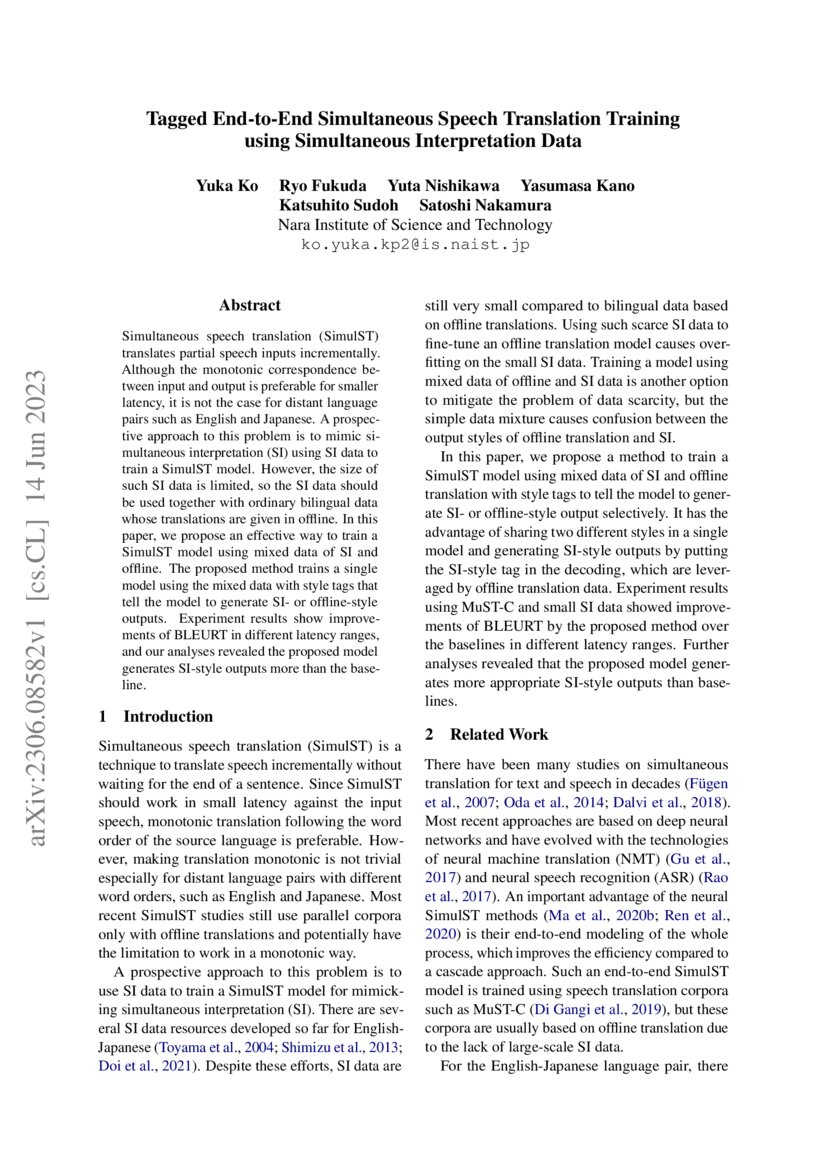 Tagged End-to-End Simultaneous Speech Translation Training using Simultaneous Interpretation ...