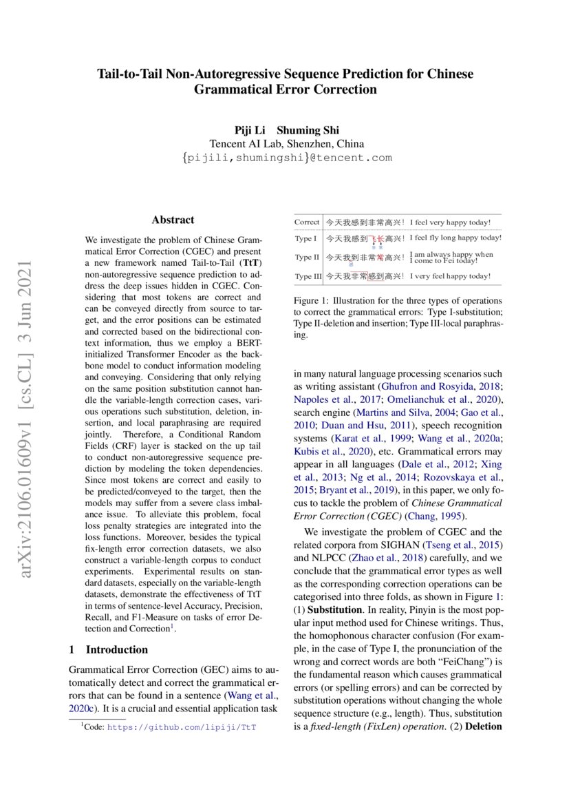 Tail To Tail Non Autoregressive Sequence Prediction For Chinese Grammatical Error Correction