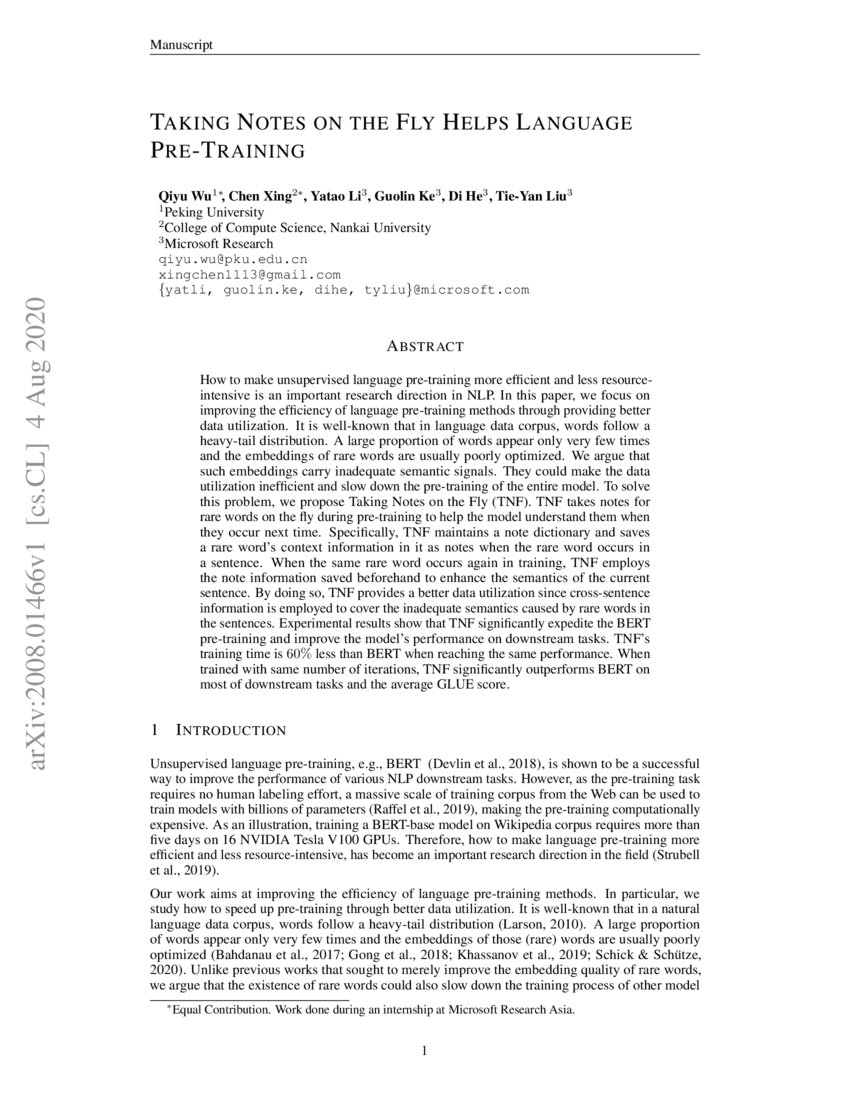 Taking Notes on the Fly Helps BERT Pre-training | DeepAI