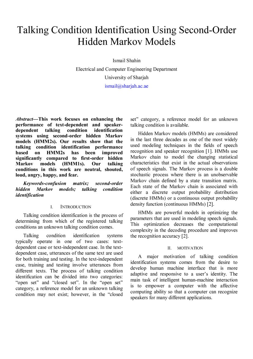 Talking Condition Identification Using Second-Order Hidden Markov Models | DeepAI