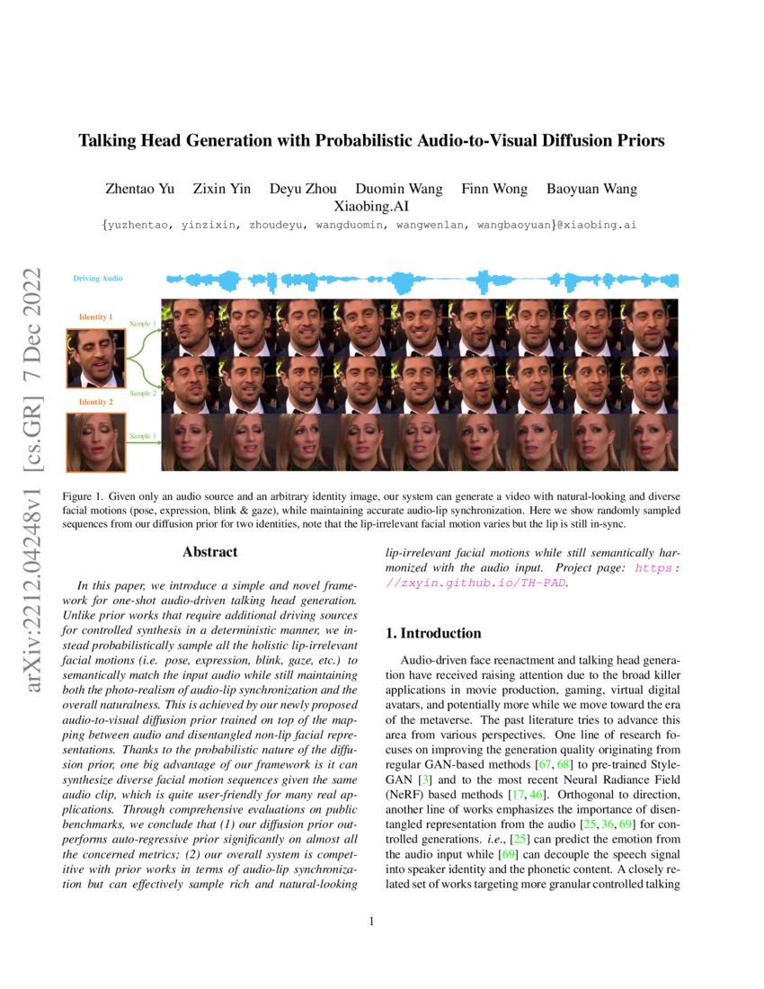 Talking Head Generation with Probabilistic Audio-to-Visual Diffusion Priors | DeepAI