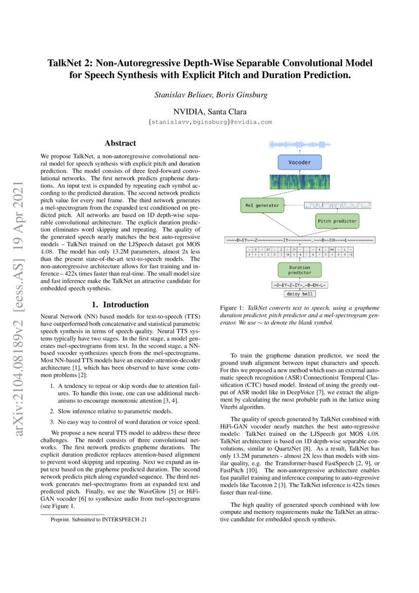 Talknet 2 Non Autoregressive Depth Wise Separable Convolutional Model For Speech Synthesis With 