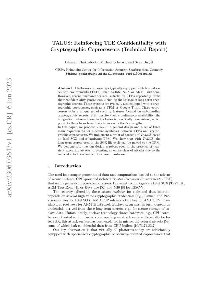 Talus Reinforcing Tee Confidentiality With Cryptographic Coprocessors Technical Report Deepai