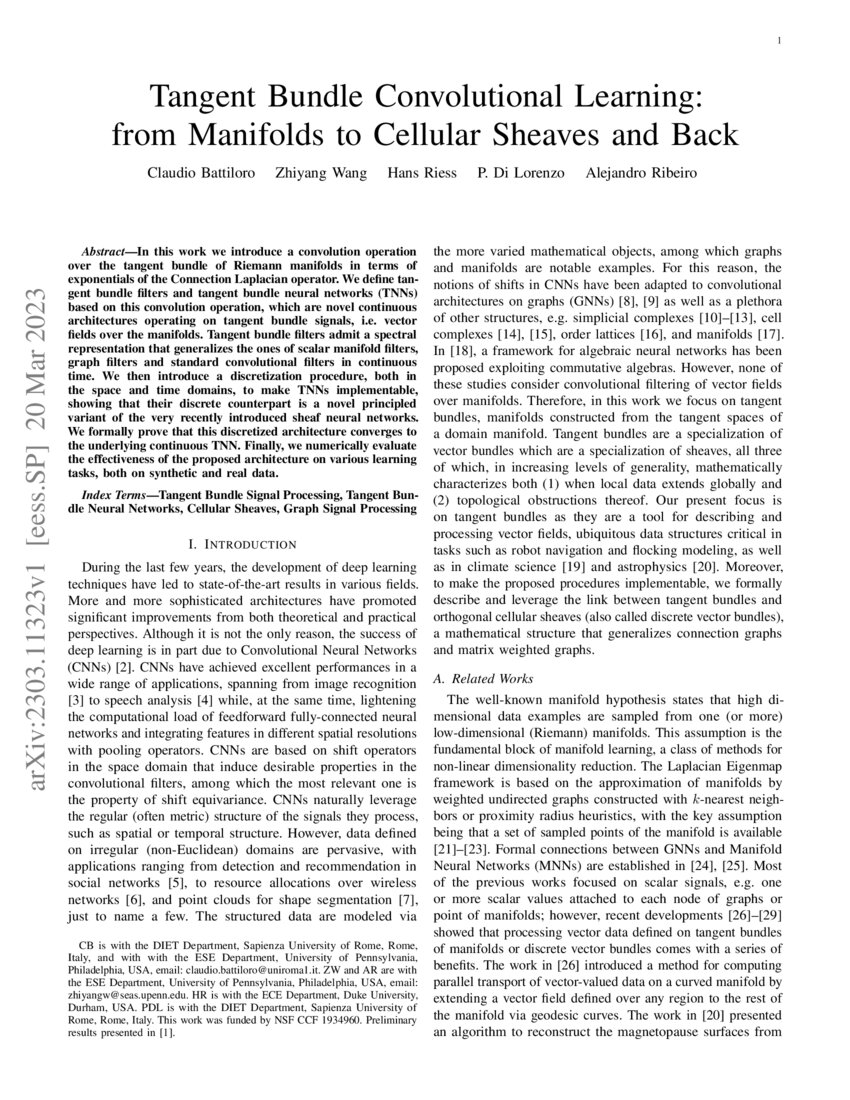 Tangent Bundle Convolutional Learning: from Manifolds to Cellular Sheaves and Back | DeepAI