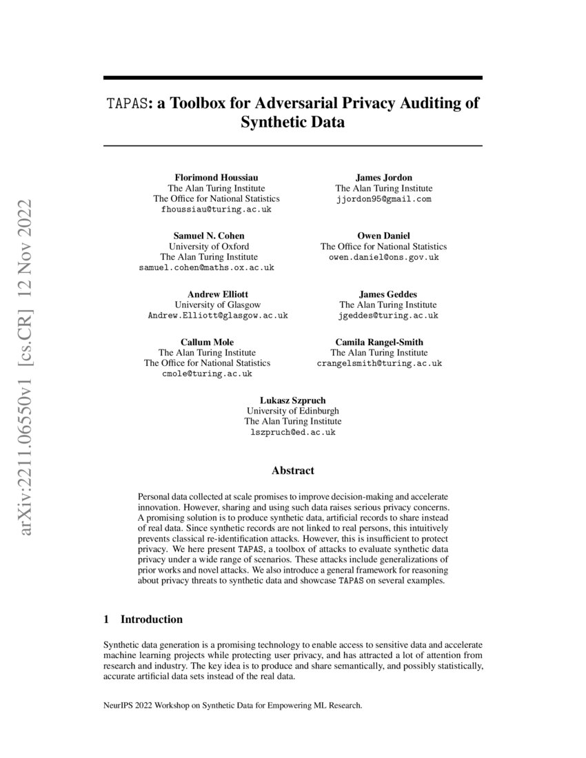 TAPAS: a Toolbox for Adversarial Privacy Auditing of Synthetic Data ...