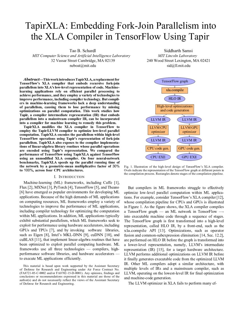 TapirXLA: Embedding Fork-Join Parallelism into the XLA Compiler in TensorFlow Using Tapir | DeepAI