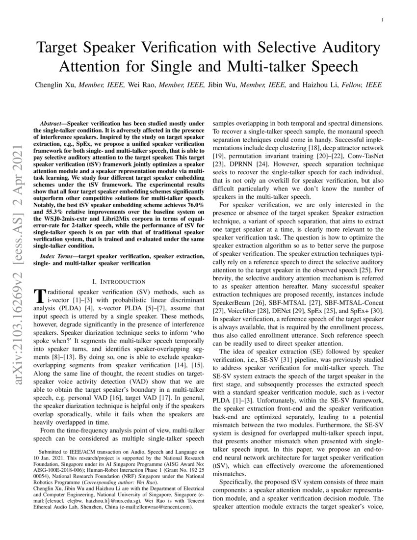 Target Speaker Verification with Selective Auditory Attention for Single and Multi-talker Speech ...