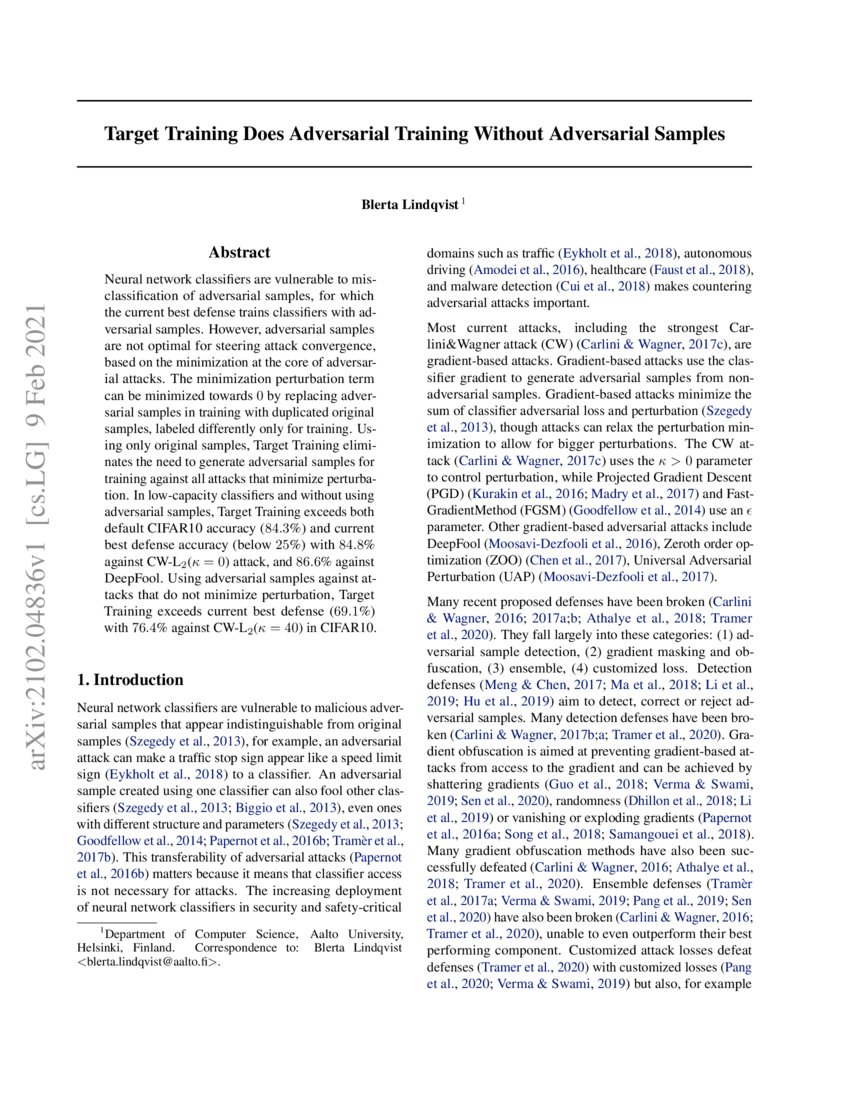 Target Training Does Adversarial Training Without Adversarial Samples ...