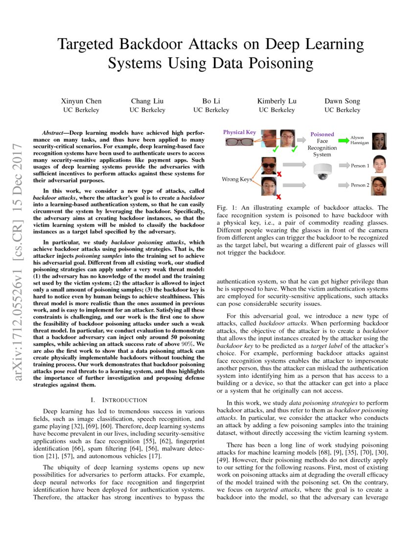 Targeted Backdoor Attacks on Deep Learning Systems Using Data Poisoning | DeepAI