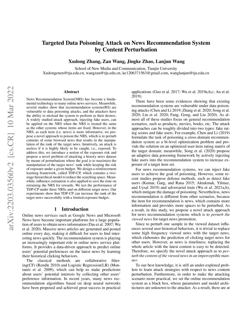 Targeted Data Poisoning Attack on News Recommendation System by Content Perturbation | DeepAI