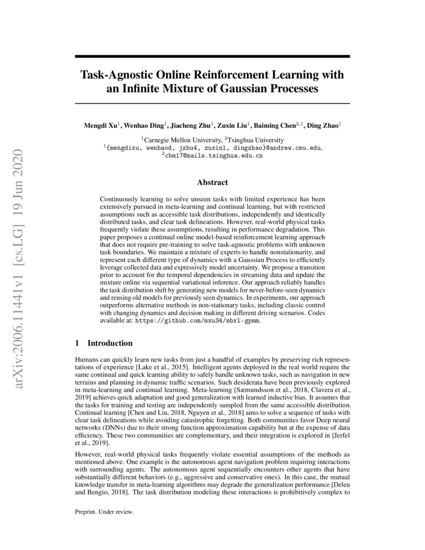 Task Agnostic Online Reinforcement Learning With An Infinite Mixture Of Gaussian Processes Deepai