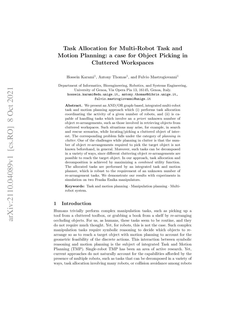 Task Allocation for Multi-Robot Task and Motion Planning: a case for ... Task Allocation for Multi-Robot Task and Motion Planning: a case for ...