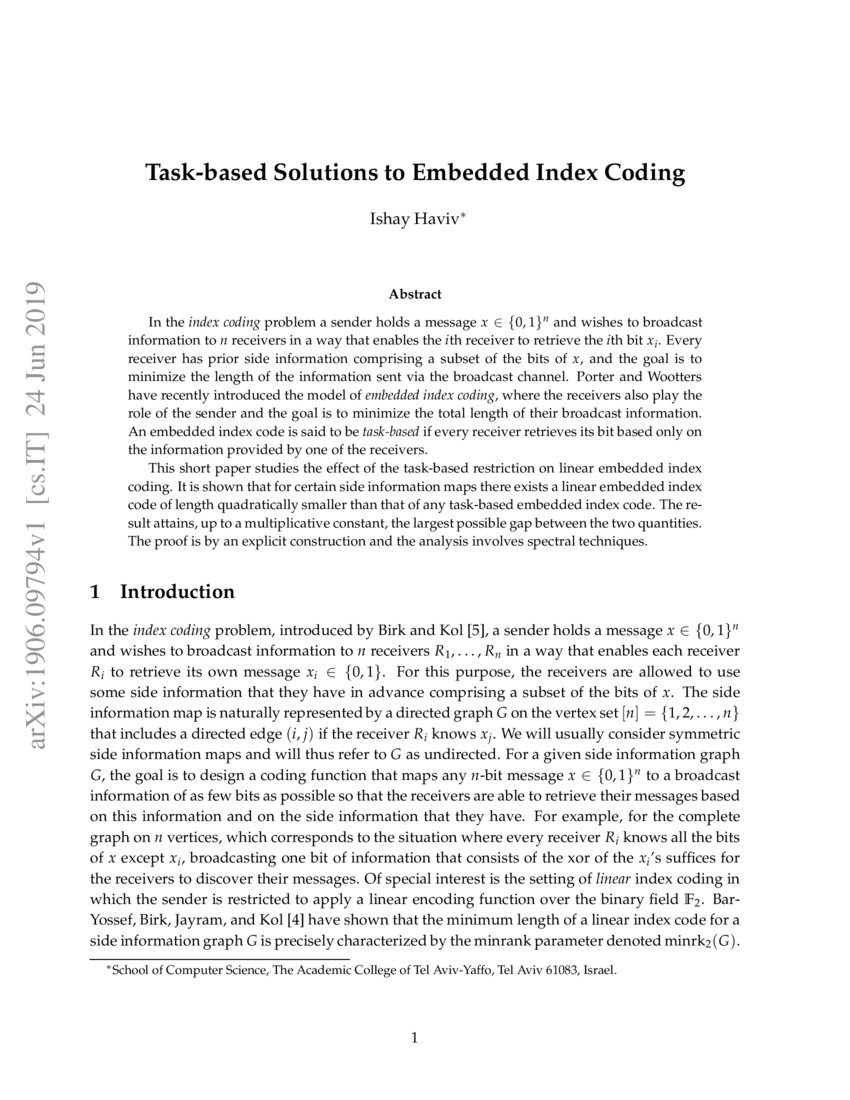 Task-based Solutions to Embedded Index Coding | DeepAI